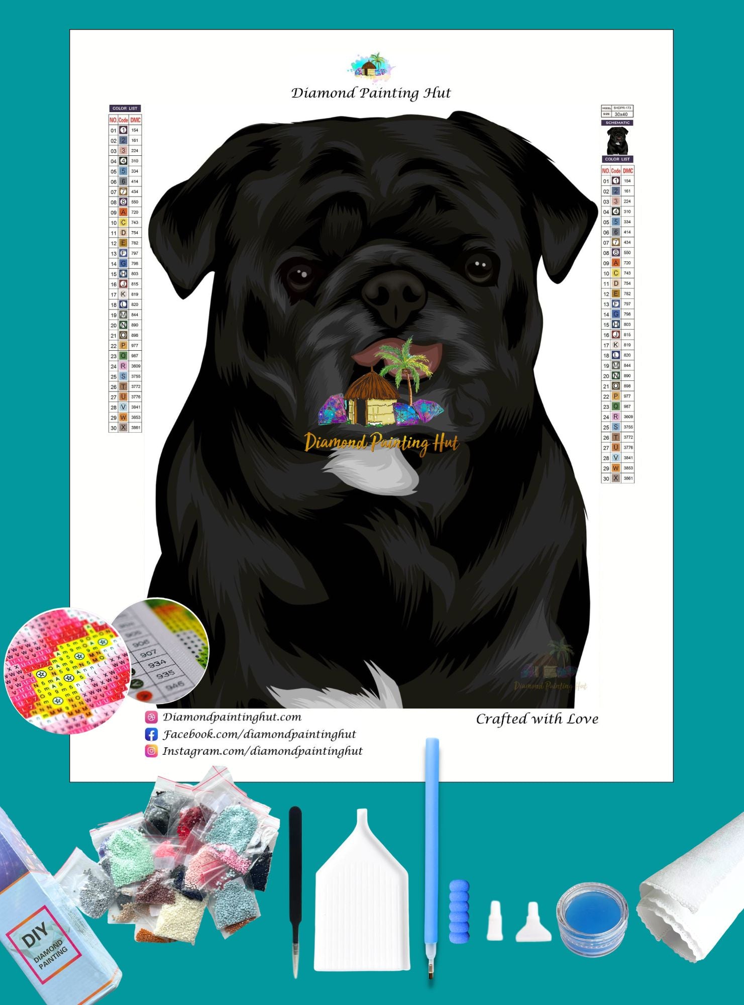 Black Pug Diamond Painting - 20x30cm / Full Round Drill - Diamond ...