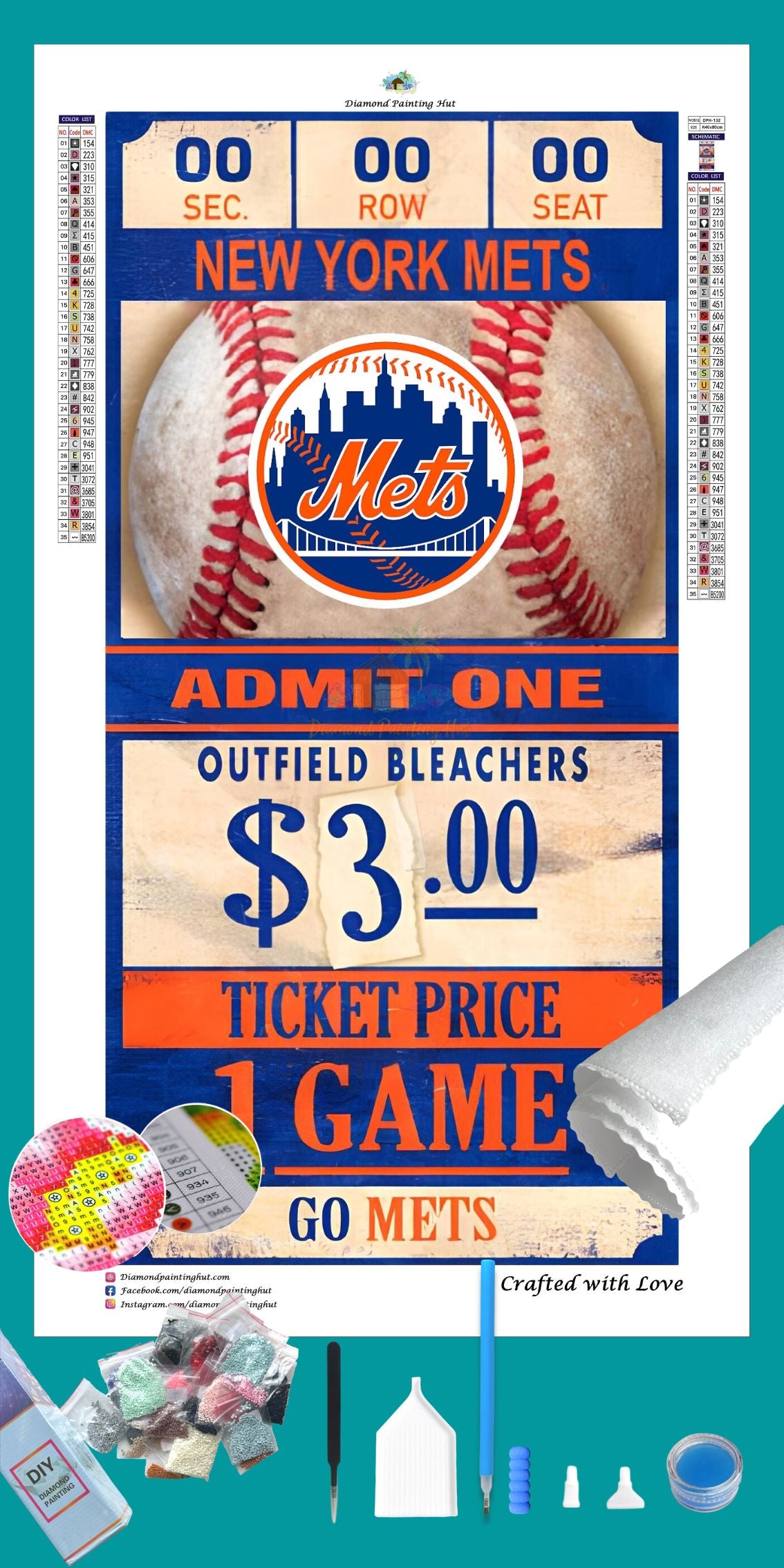 New York Mets MLB Ticket - 30x60cm / Full Round Drill - Diamond ...